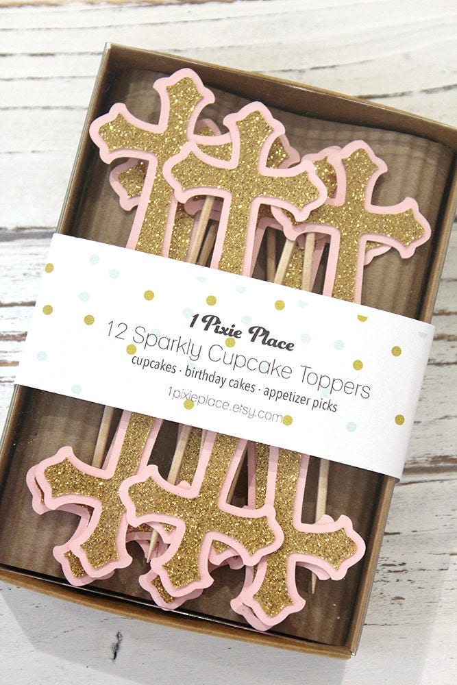 Pink/gold Glitter Cross Cupcake Toppers Set of 12 Baptism | Etsy