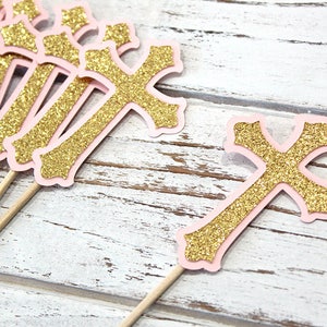 Pink/gold Glitter Cross Cupcake Toppers - Set of 12 - Baptism ...