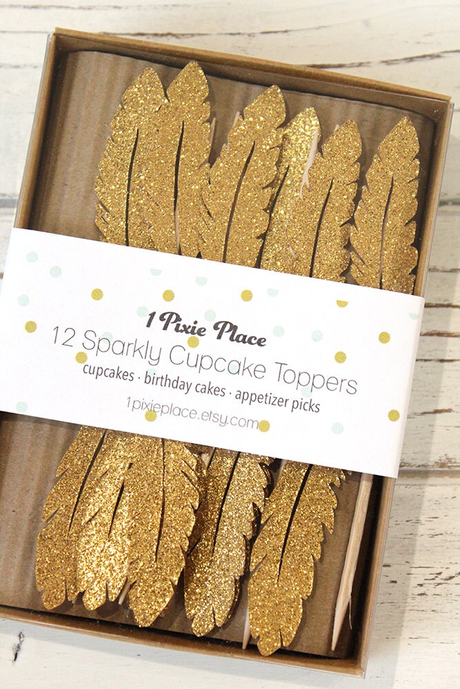 Gold Glitter Feather Cupcake Toppers Set of 12 | Etsy
