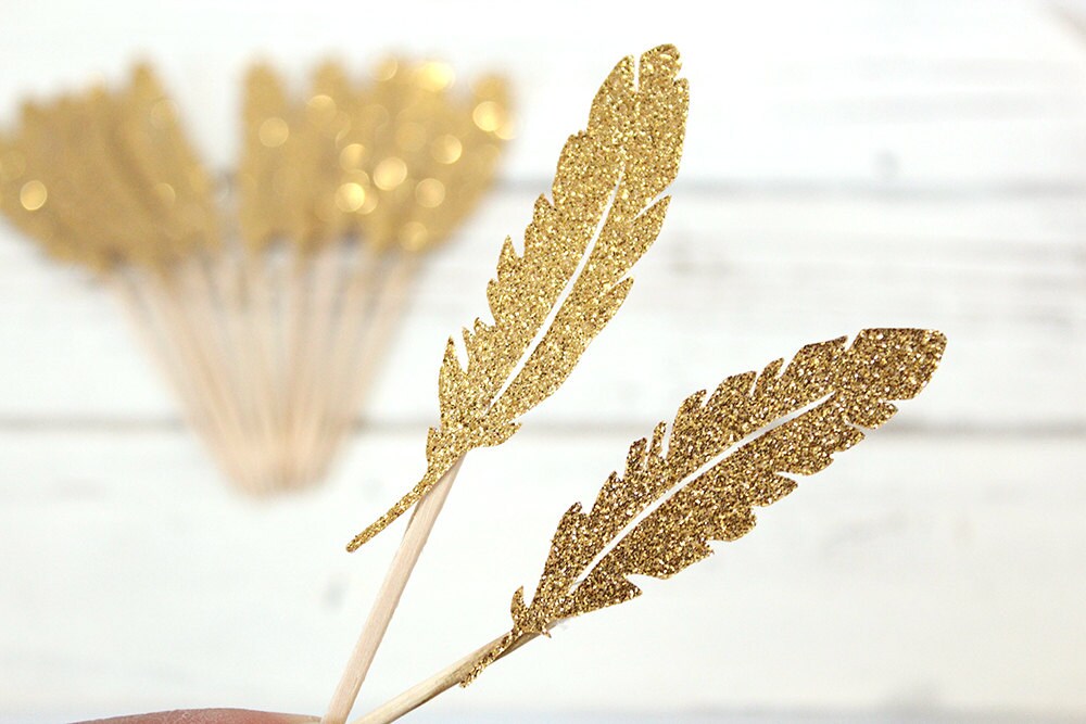 Gold Glitter Feather Cupcake Toppers Set of 12 | Etsy