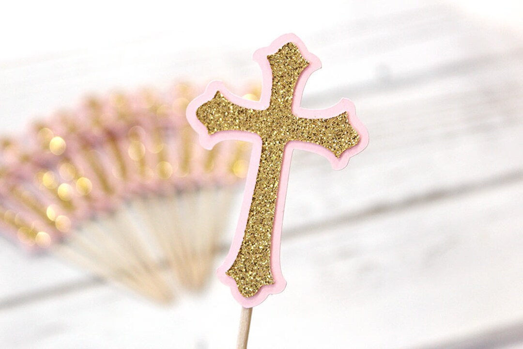 Pink/gold Glitter Cross Cupcake Toppers - Set of 12 - Baptism ...