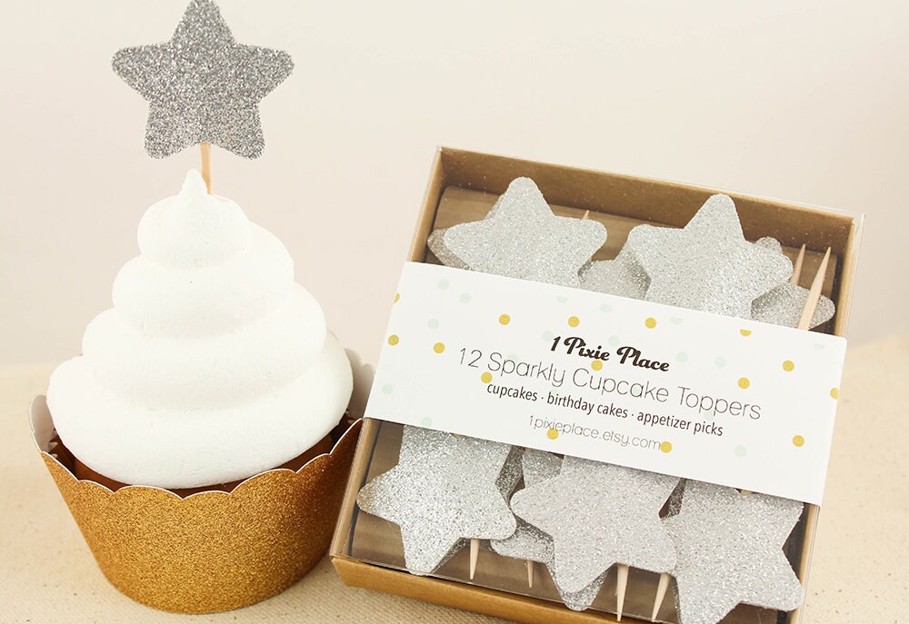 Silver Glitter Star Cupcake Toppers Set of 12 - Etsy