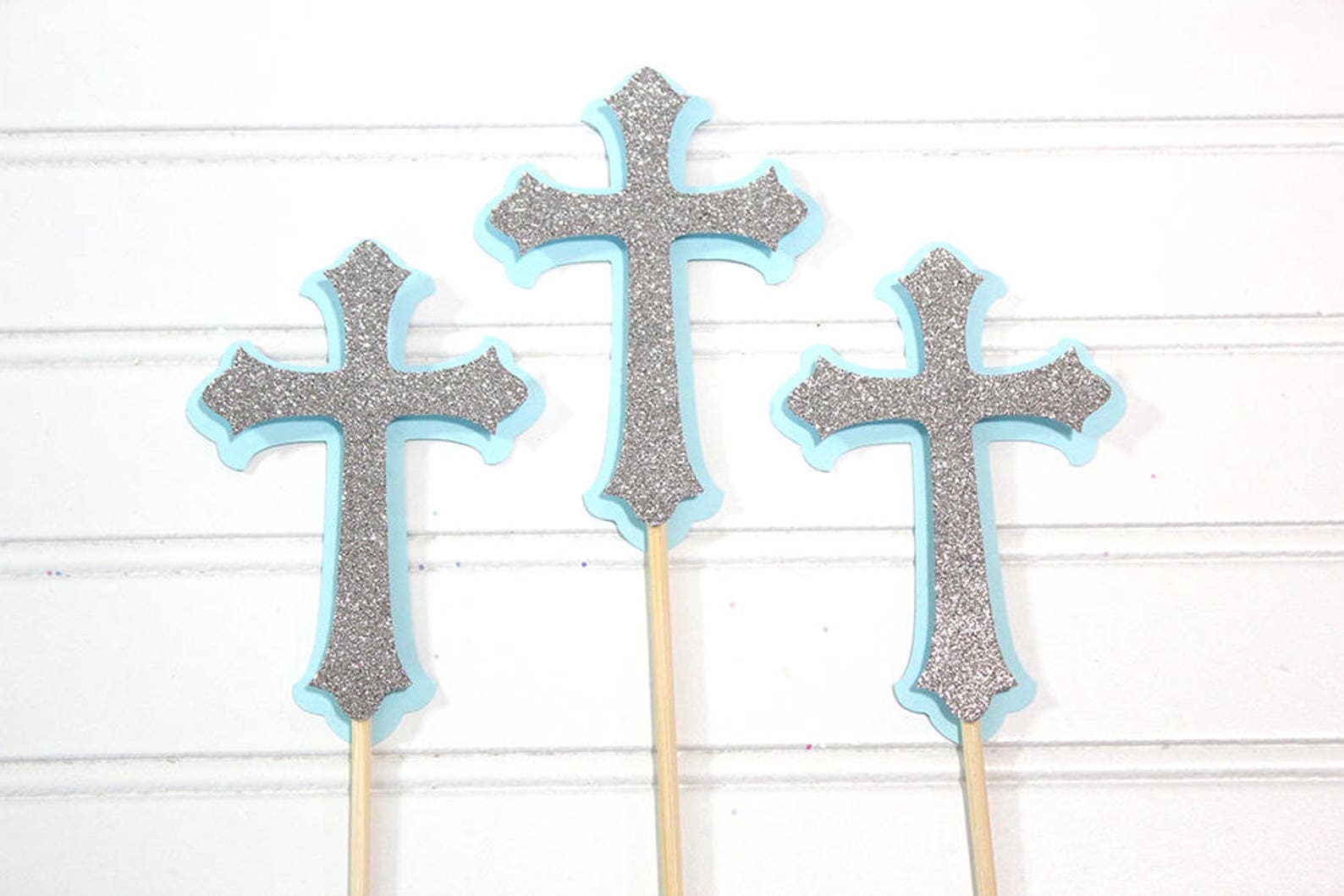 Blue/silver Glitter Cross Centerpiece Sticks (SET OF 3) - Baptism ...