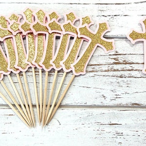 Pink/gold Glitter Cross Cupcake Toppers - Set of 12 - Baptism ...