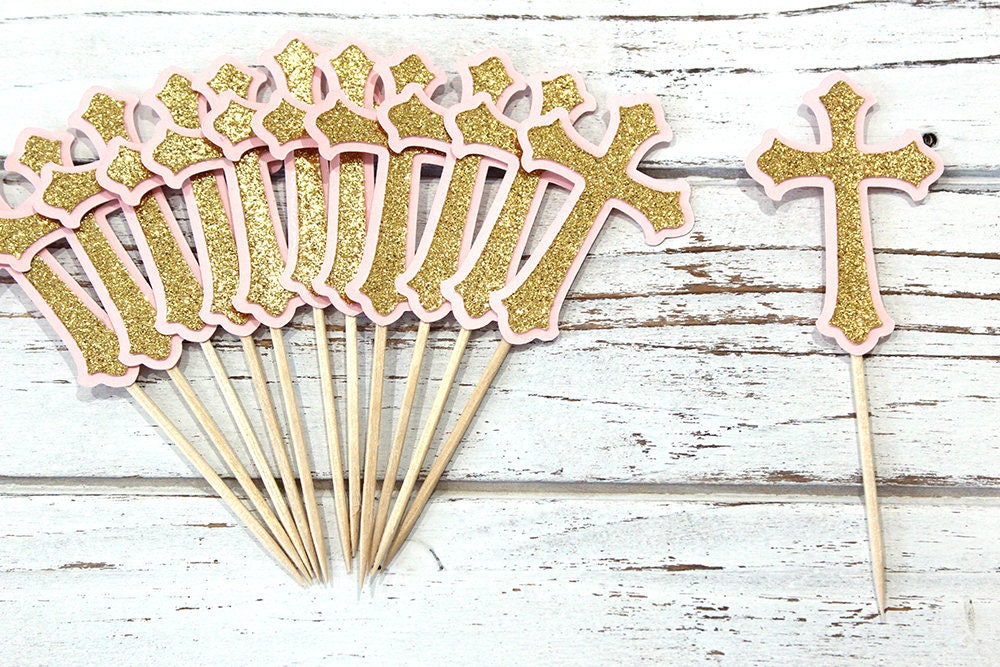 Pink/gold Glitter Cross Cupcake Toppers Set of 12 Baptism | Etsy