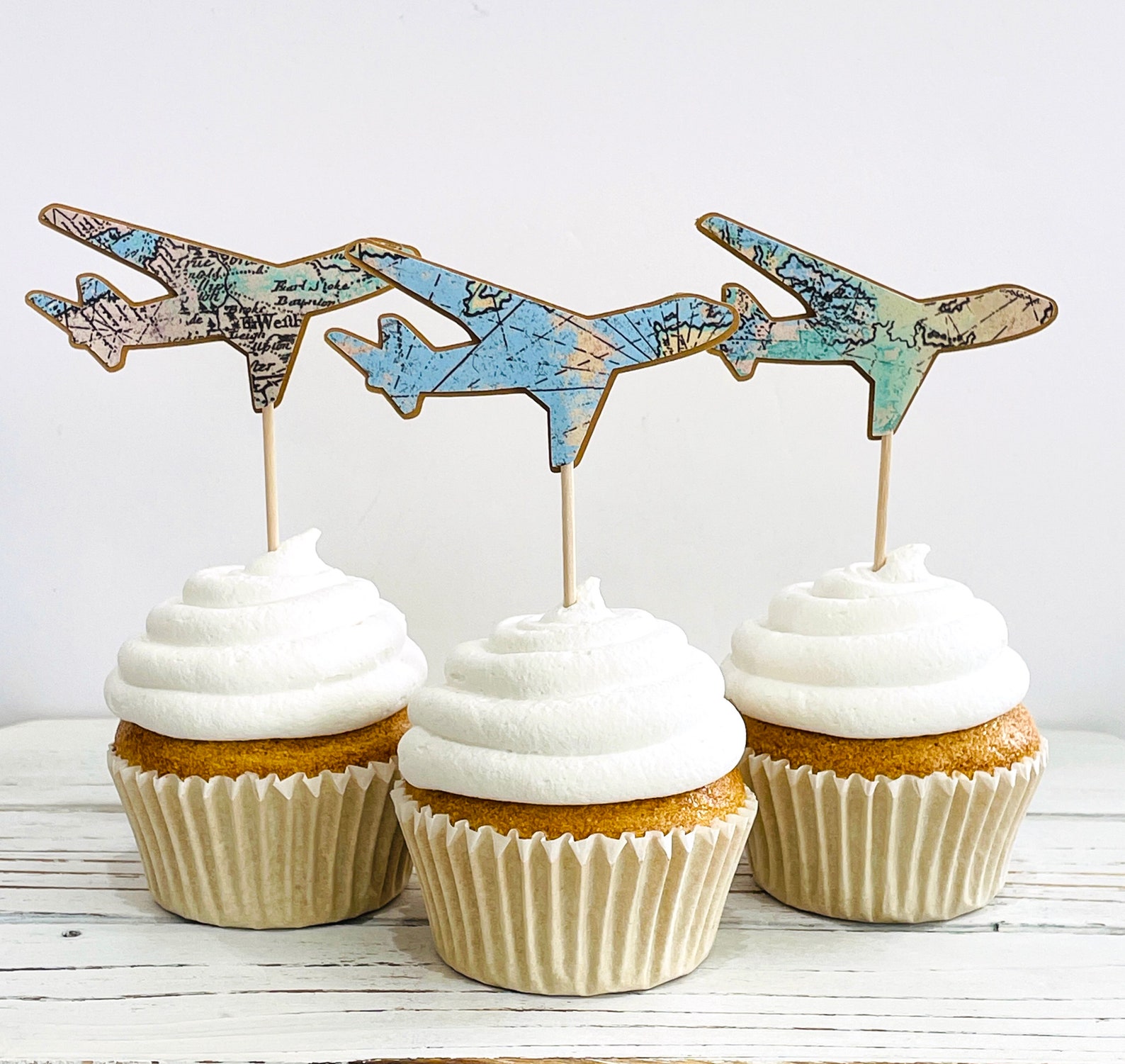 Travel Map Airplane Cupcake Toppers Set of 12 Vintage Map | Etsy