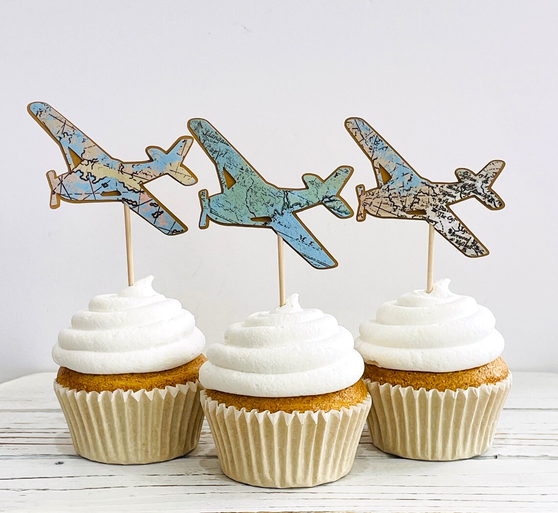 Travel Map Airplane Cupcake Toppers Set of 12 Vintage Map | Etsy