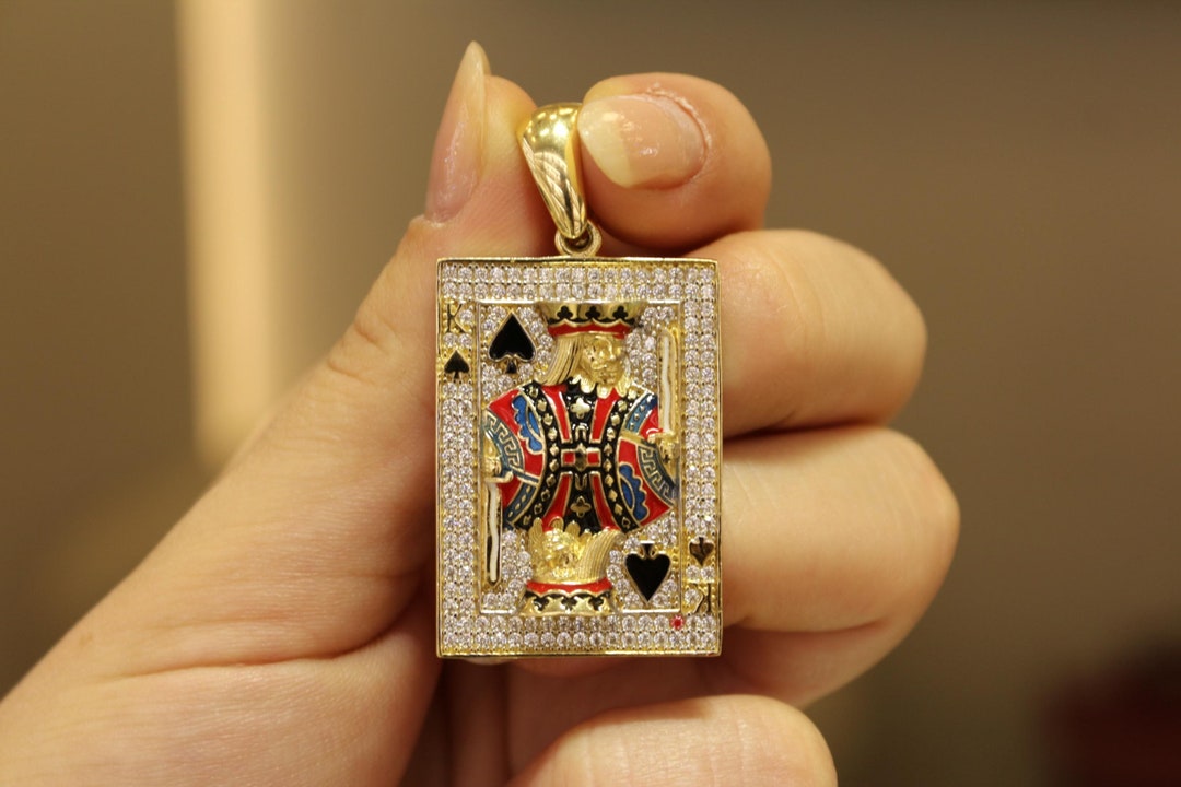 14K Gold King of Spades Box Chain Necklace, Casino Jewelry, Gambling ...