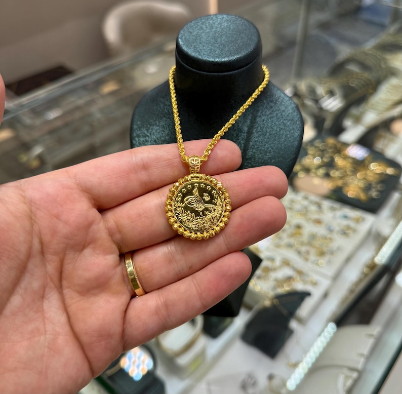 22K Full Gold Turkish Rashad Pendant Necklace, 2.50mm Rope Chain ...