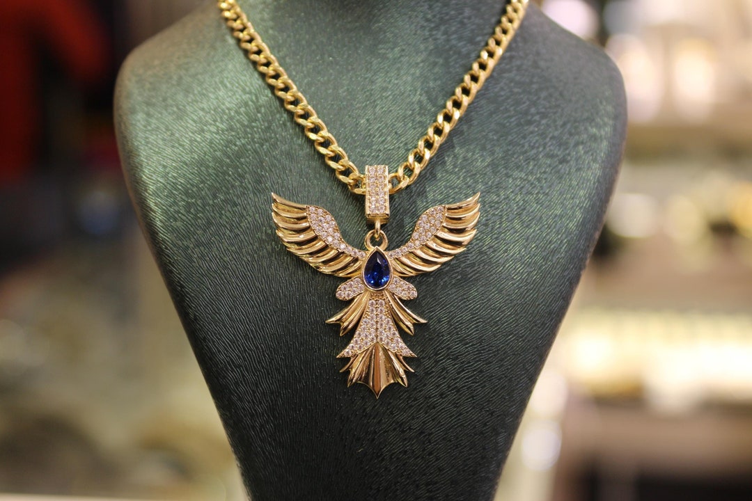 14K Gold Phoenix Necklace, Phoenix Pendant With 3.50 Mm Curb Chain ...