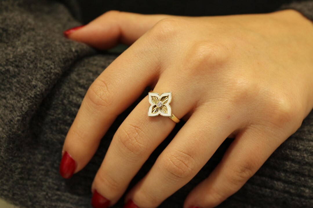 14K Solid Gold Four Leaf Clover Ring, Lucky Clover Ring, Gift for Her ...