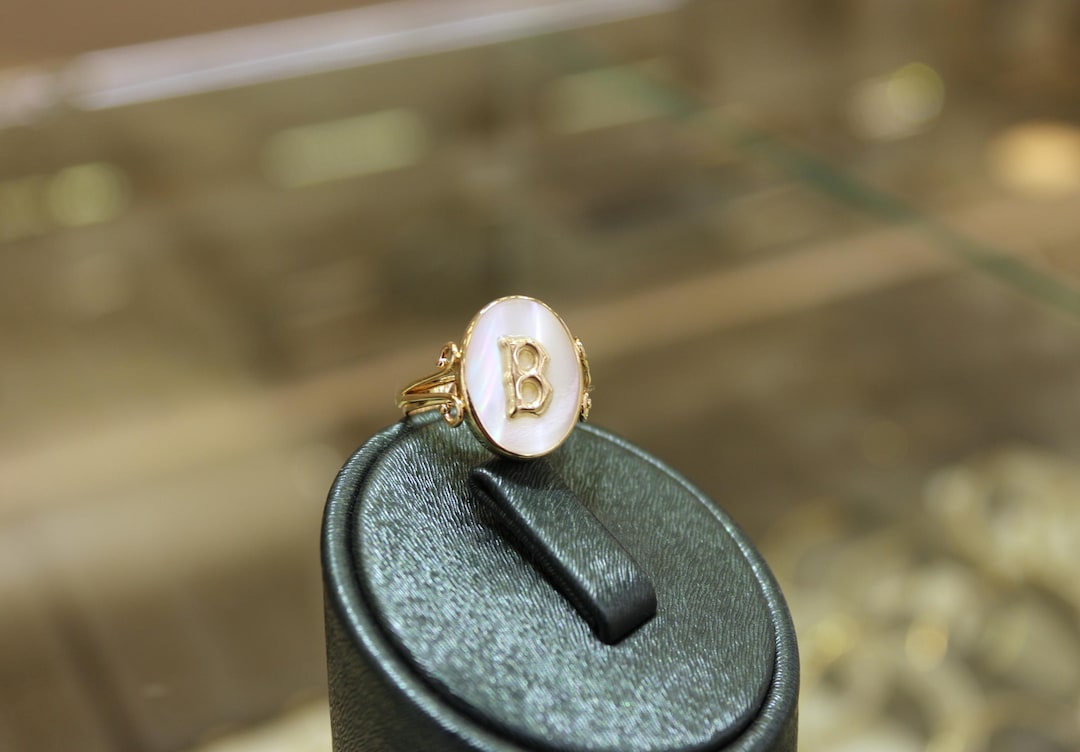 14K Gold Custom Initial Ring, Mother of Pearl Ring, 14K Personalized ...