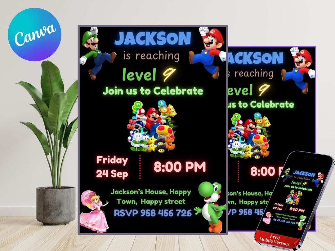 Super Mario Birthday Invitation Card, Super Mario Bros Birthday Theme ...