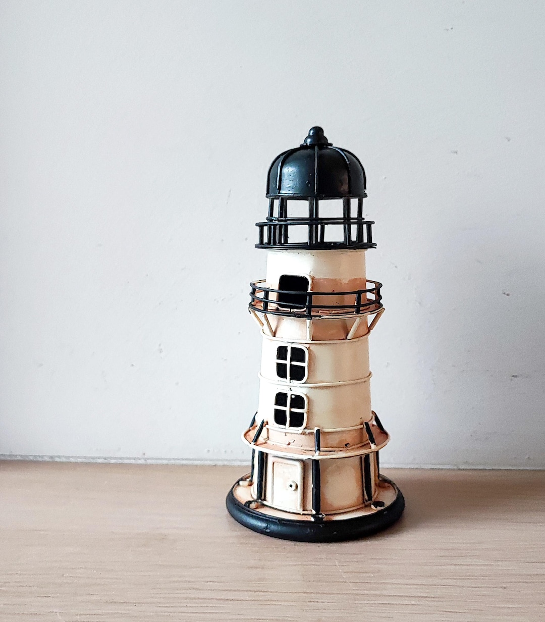 Metal Lighthouse Miniature, Round Lighthouse Figure in Black and Beige ...