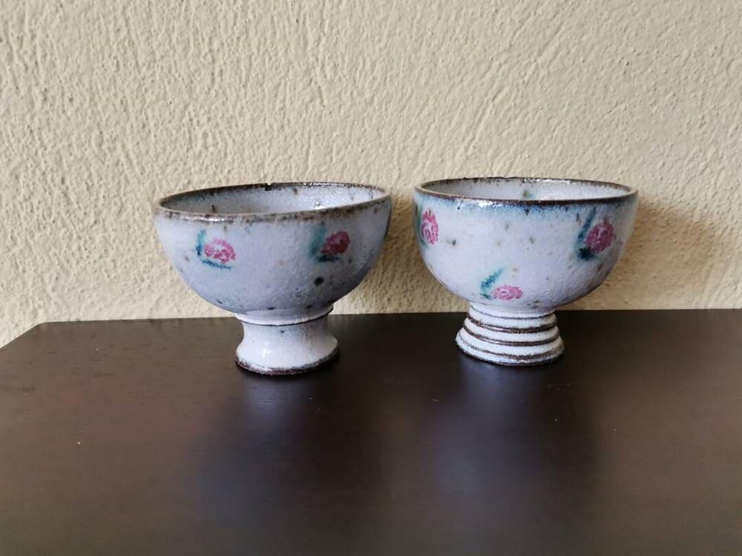 Vintage Ceramic Goblets, White Goblets of Stoneware Clay Wit Red ...