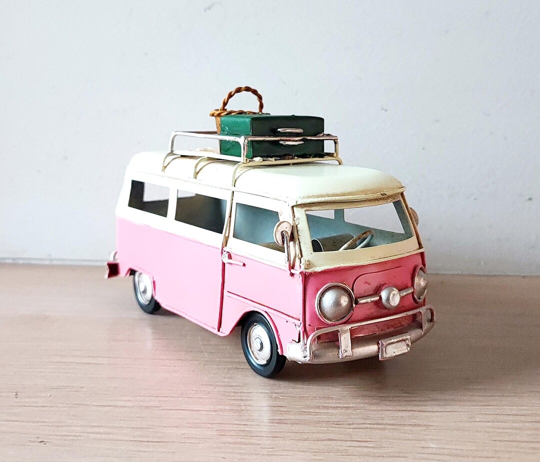 Retro Van Miniature, Van Replica in Pink and White With Suitcase and ...