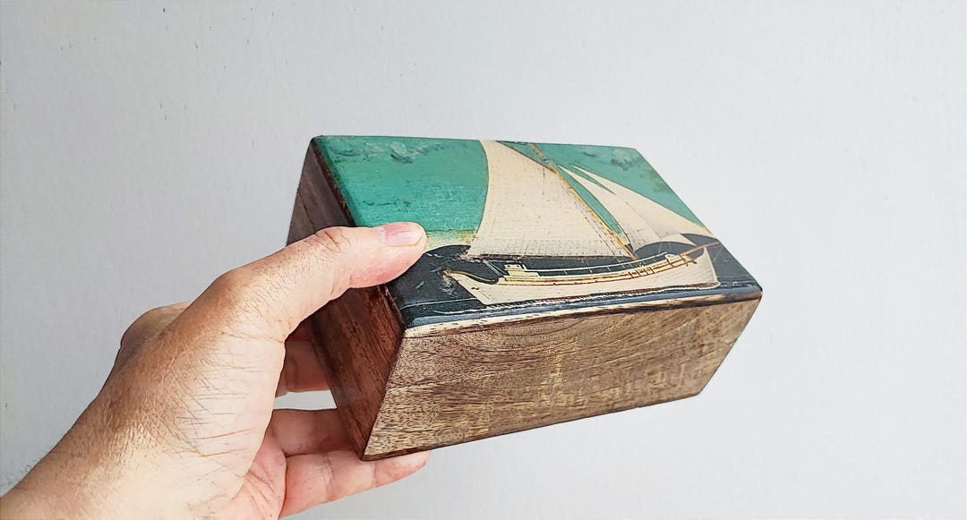 Greek Sailboat Box, Wooden Box With Boat Decoupage, Greek Folk Art Box ...