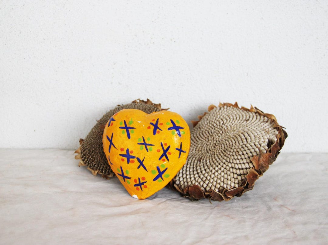 Vintage Papier Mache Heart, Yellow and Blue Paper Heart for Crafts and ...