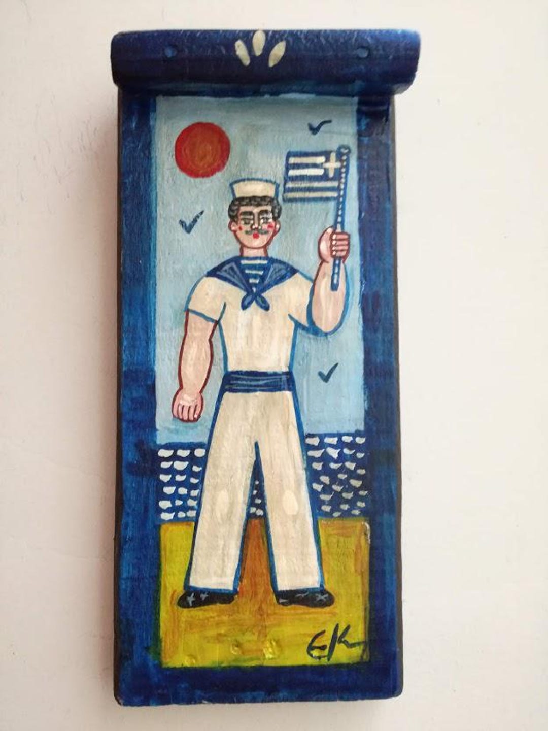 Greek Sailor Painting, Vintage Folk Art Painting of Greek Sailor on ...