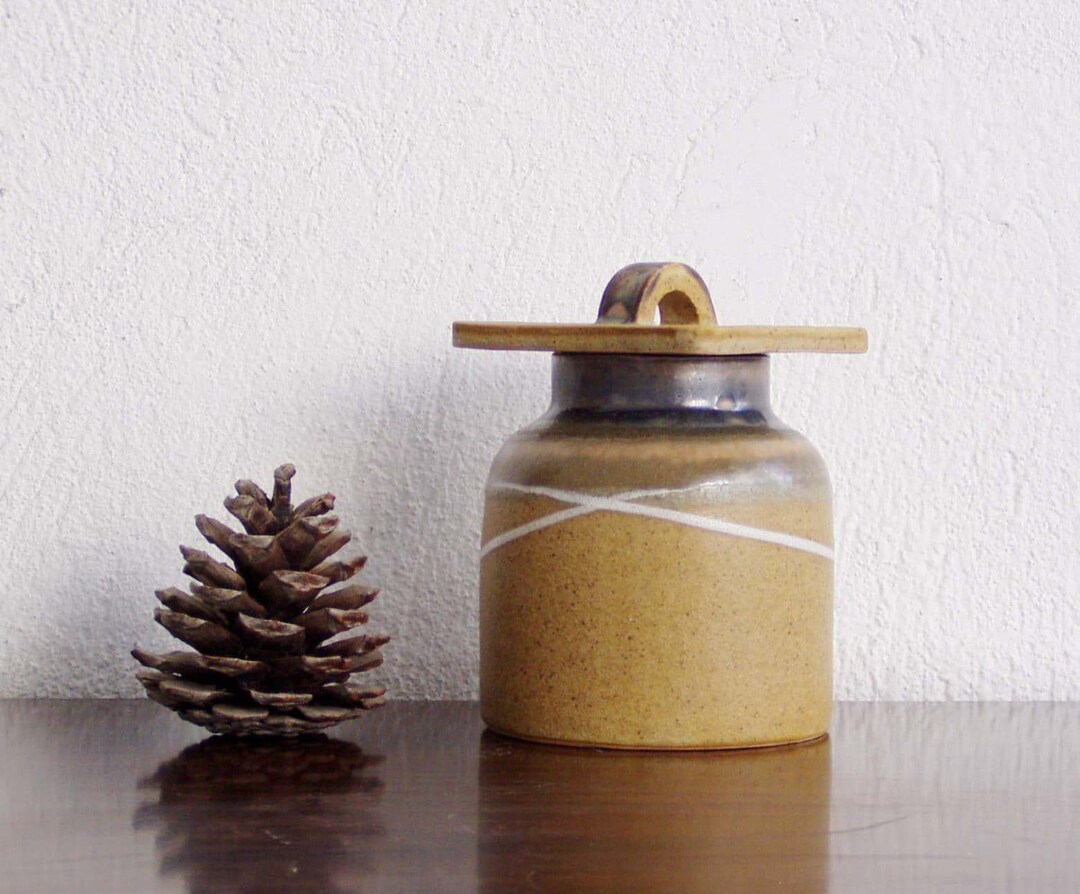 Vintage Lidded Jar, Ceramic Round Jar With a Suare Lid, Vintage Greek ...