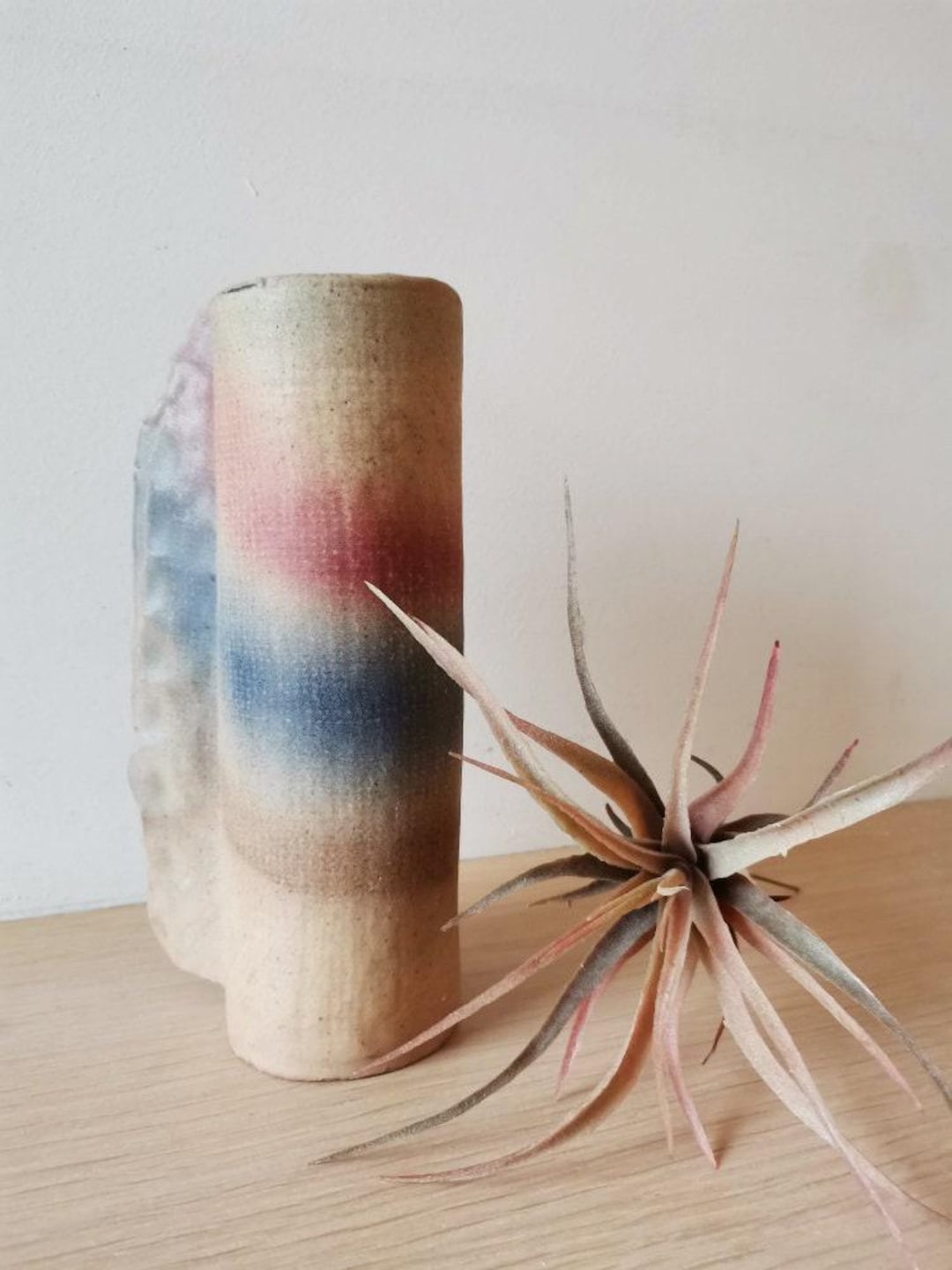 Handbuilt Ceramic Vase, Tubular Beige Vase With Red and Blue Sprayed ...