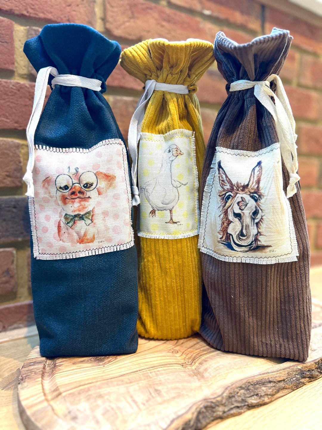 Cute Animal Bottle Gift Bags, Brown Scruffy Donkey, Yellow Sassy Goose ...