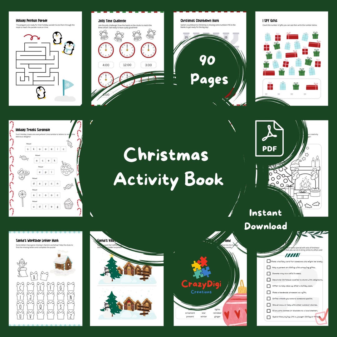90-page Christmas Activity Book for Kids | PDF Printable Games, Puzzles ...