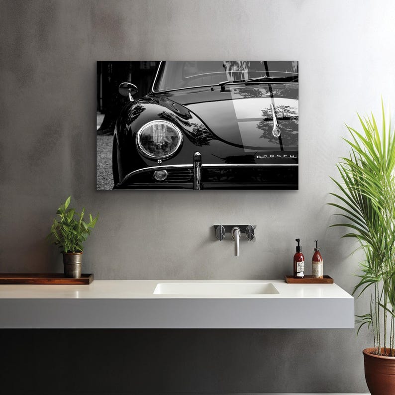 Vintage Porsche Glass Wall Art, Old Car Print, Black and White Car Wall ...