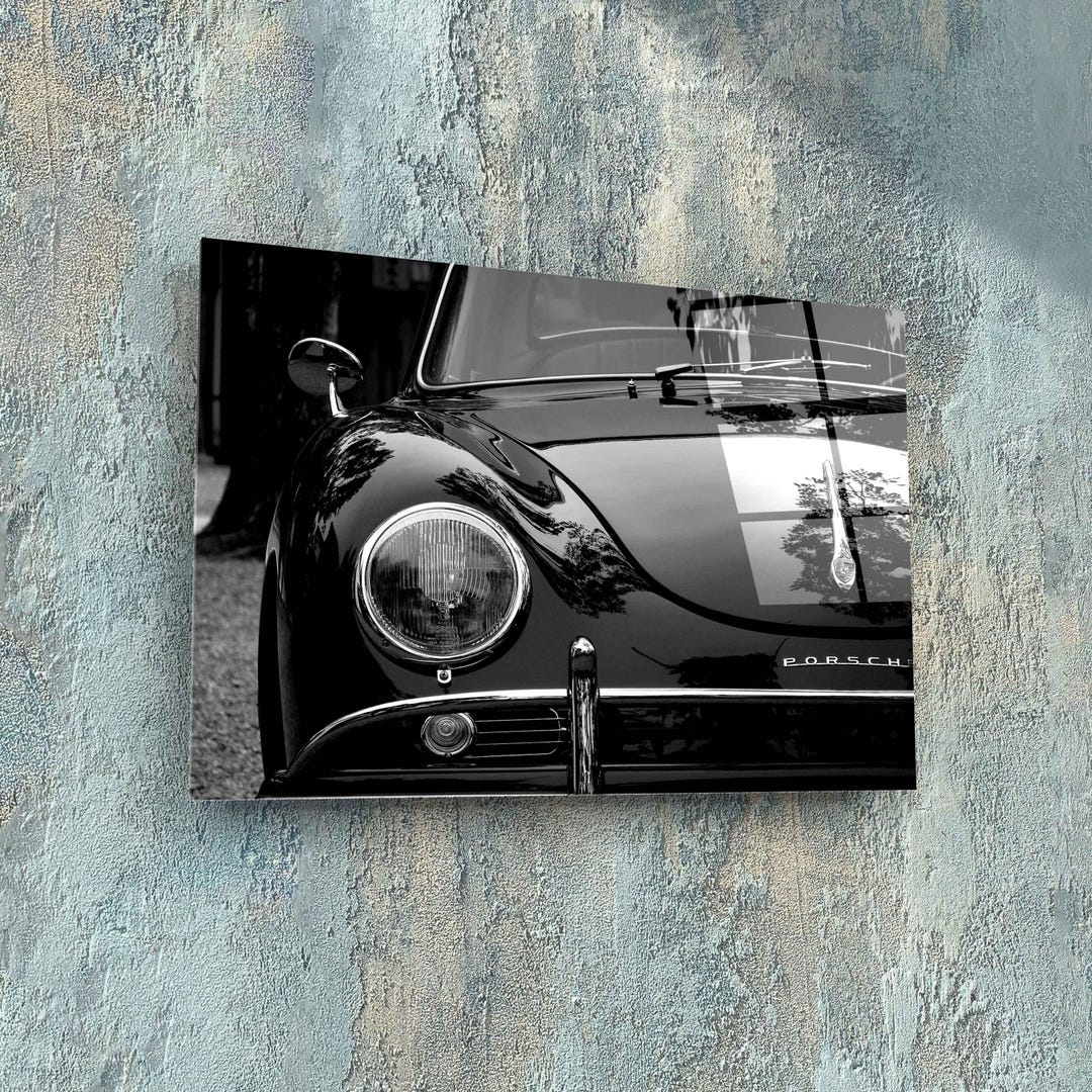 Vintage Porsche Glass Wall Art, Old Car Print, Black and White Car Wall ...