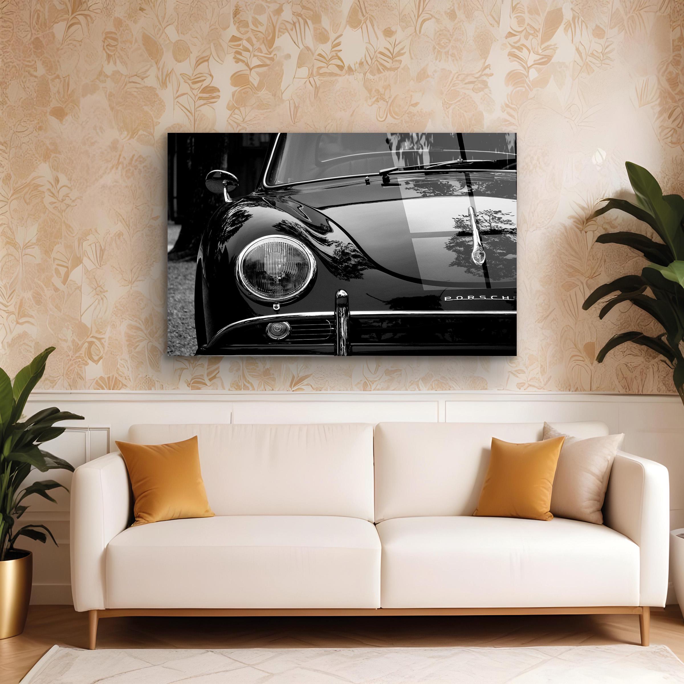 Vintage Porsche Glass Wall Art, Old Car Print, Black and White Car Wall ...