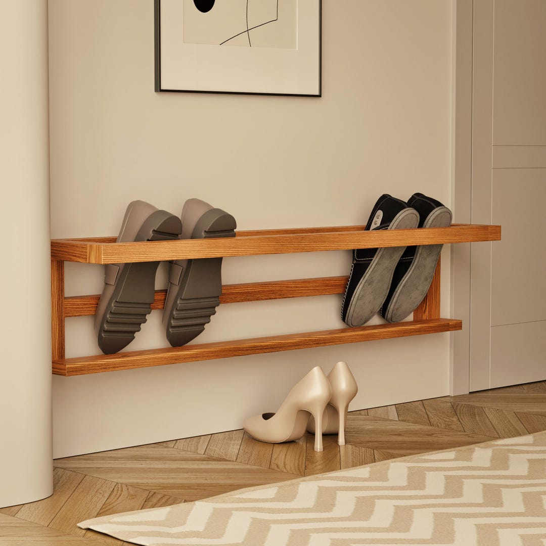 Minimalist Oak Wooden Wall-mounted Shoe Rack - Modern Space-saving Shoe ...