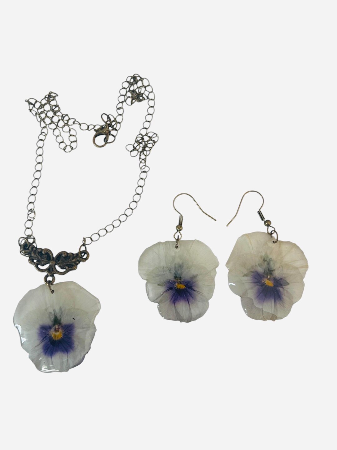 Real Dried White Pansy Jewelry Set – Resin Flower Necklace & Earrings ...