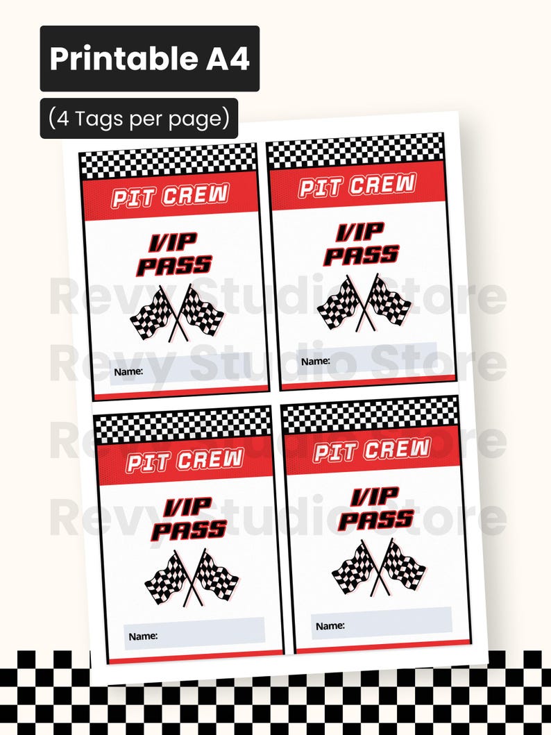 Pit Crew VIP Passes - Race Car / F1 Birthday Party Digital Card/tag ...
