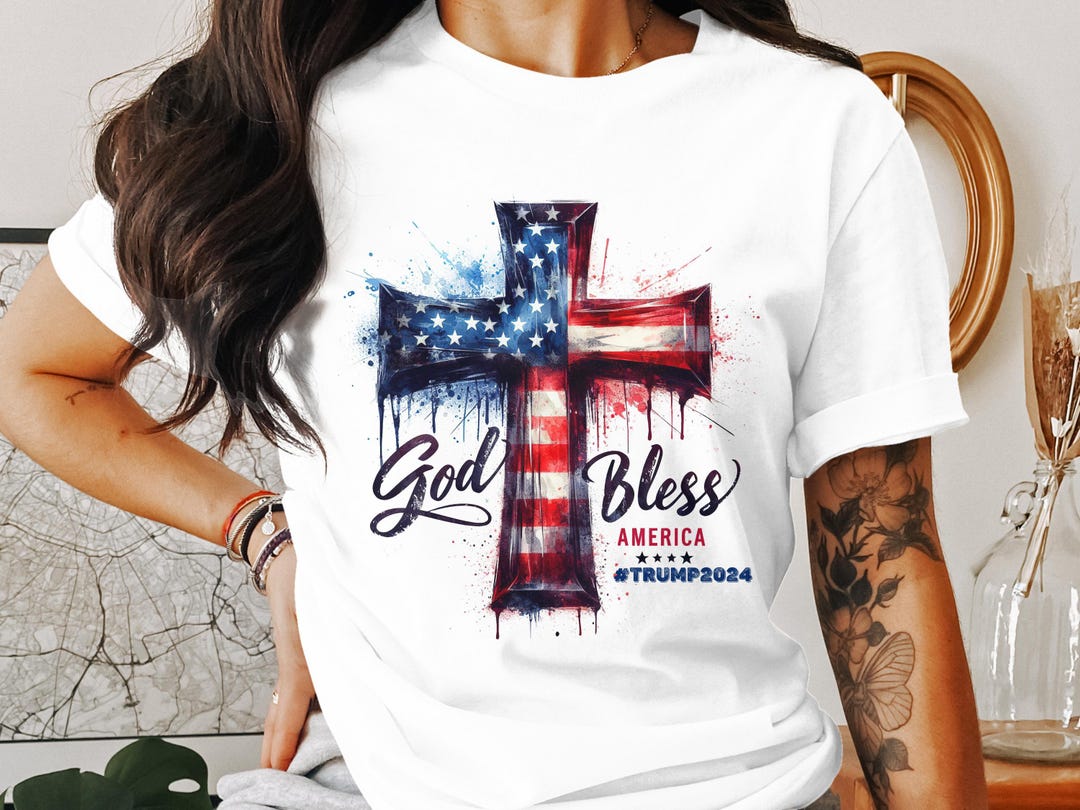 Patriotic God Bless America Cross T-shirt USA Flag Graphic Tee Stars ...
