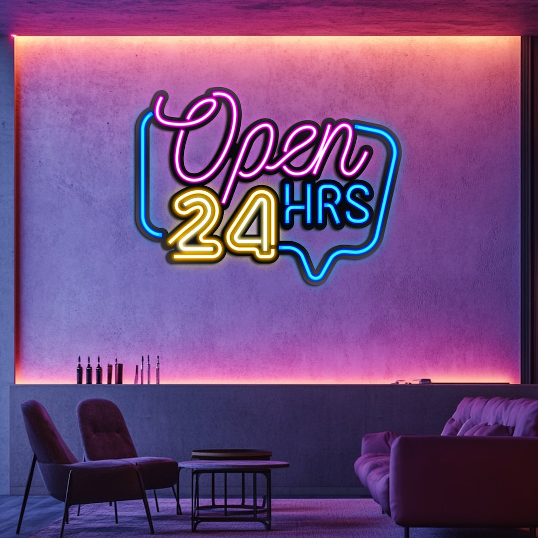 Open 24 HRS Metal Neon Sign, Neon Wall Art, Neon Light Sign, Custom ...