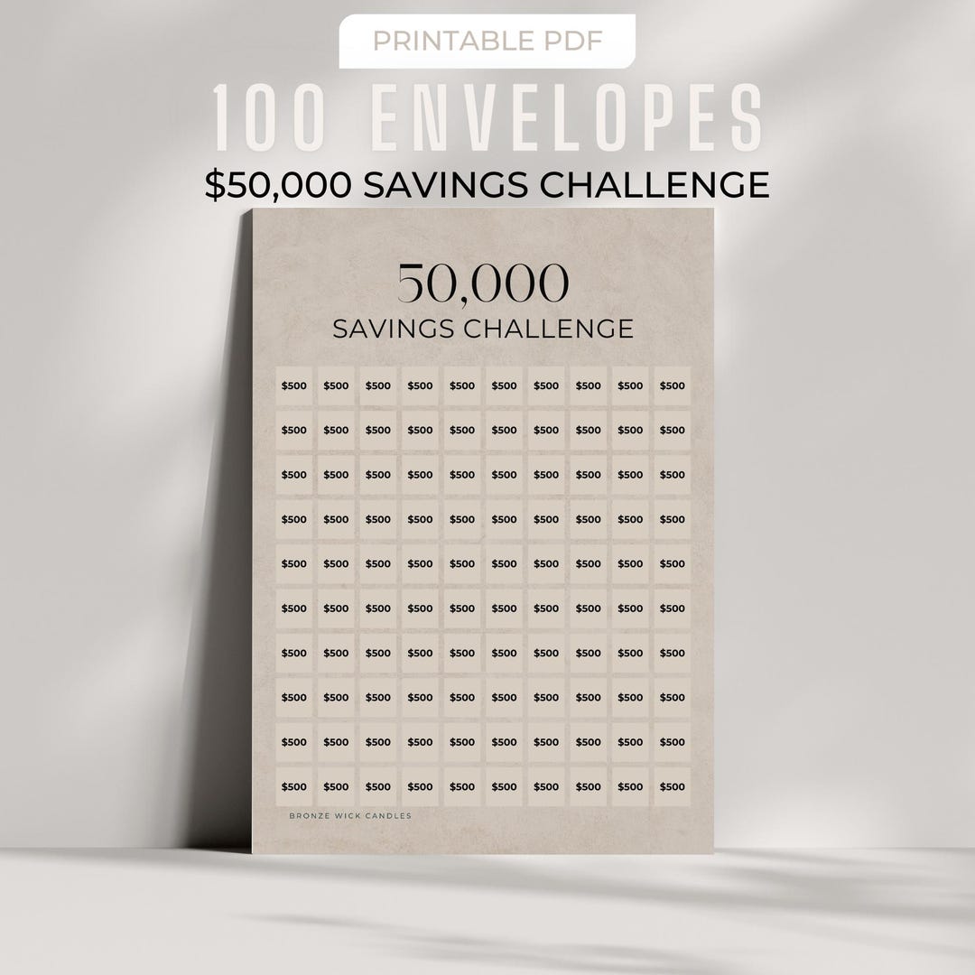50k 100 Envelope Savings Challenge, 50,000 Printable Savings Challenge ...