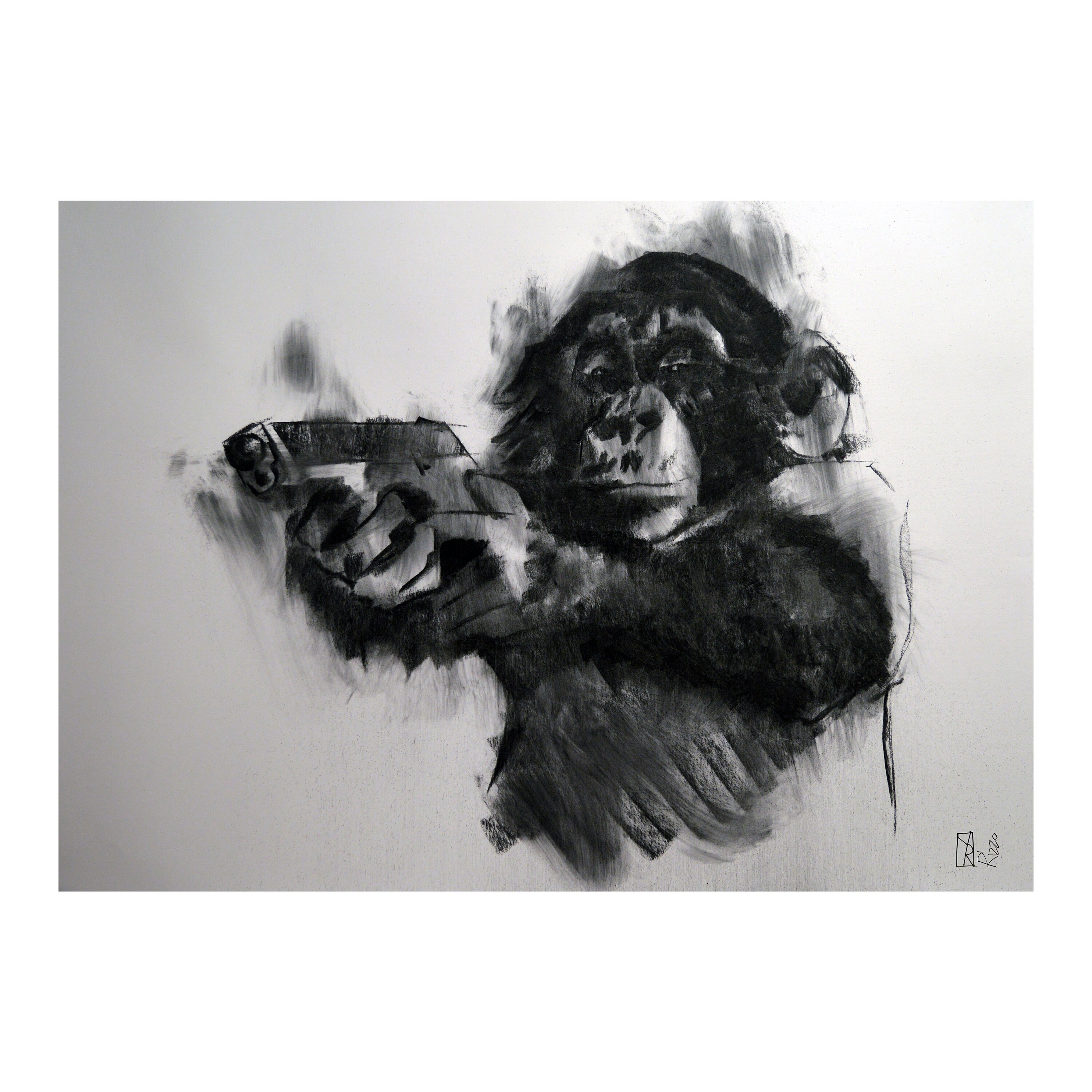 Monkey With Gun Original Drawing Charcoal Painting | Etsy