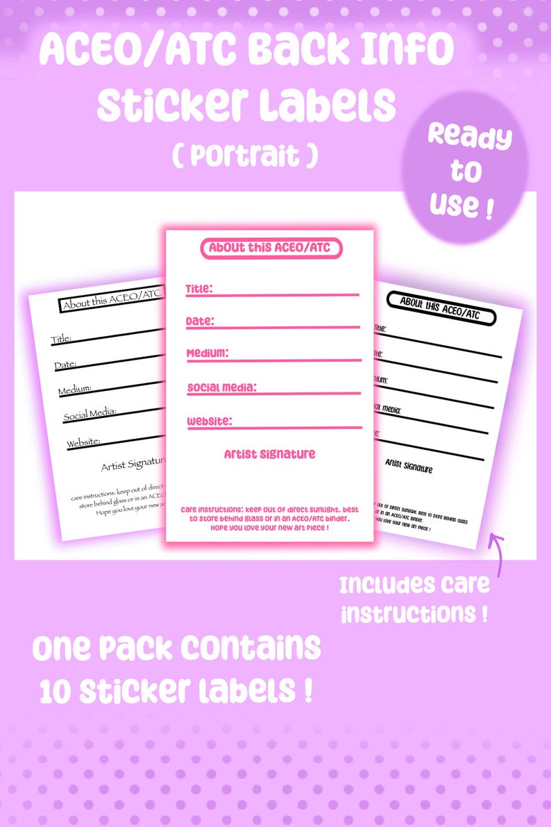 ACEO/ATC Back Info Portrait Sticker Label 2x3in. | Made to Order ...