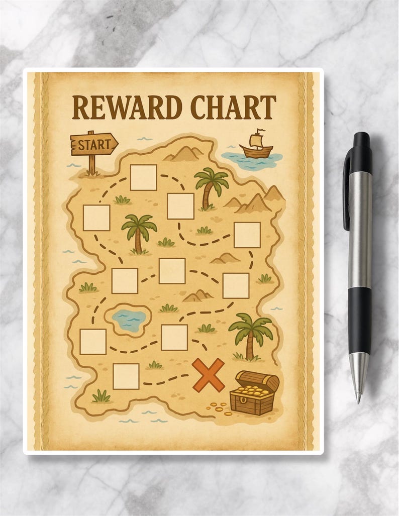 Treasure Map Reward Chart Printable for Kids – Pirate Theme Goal ...
