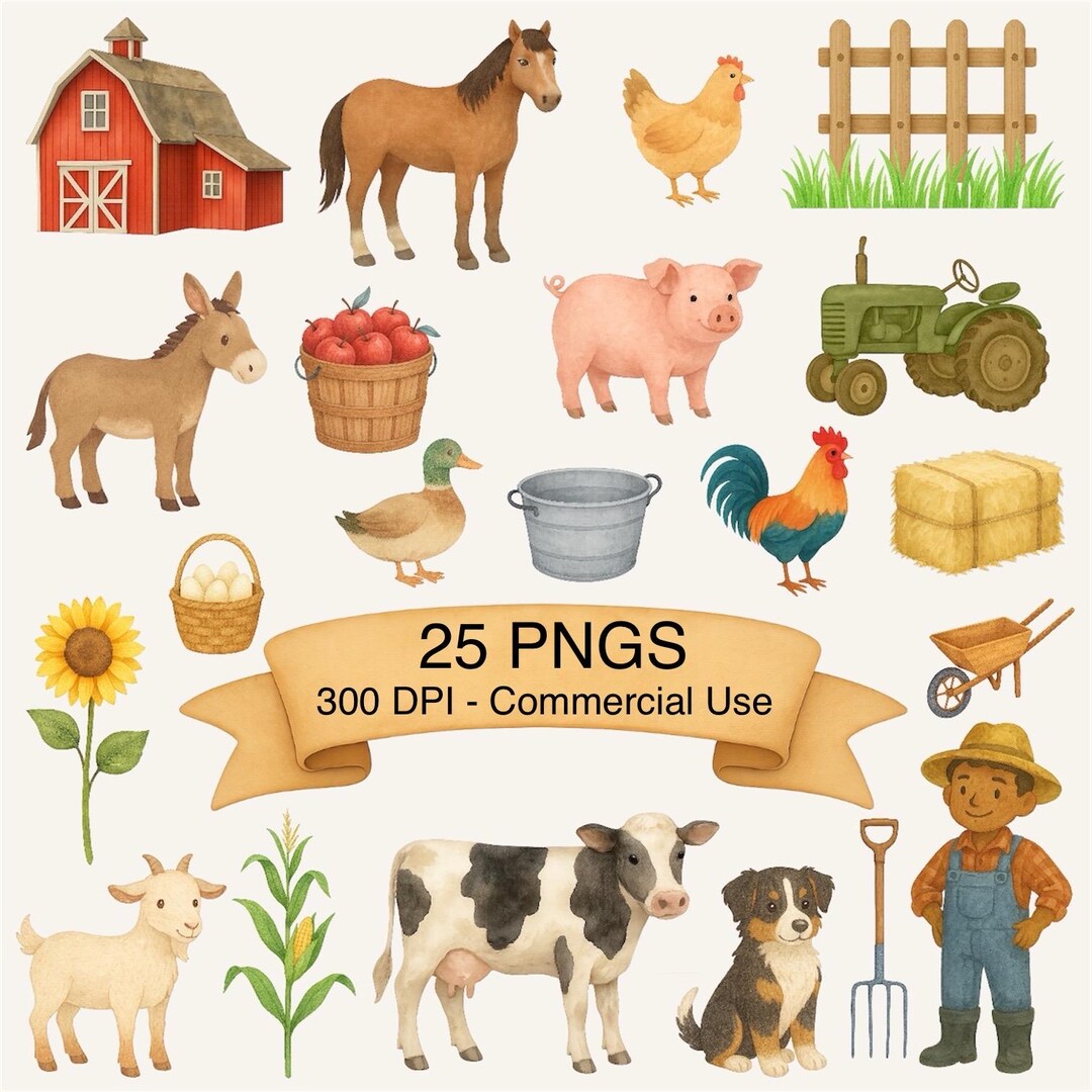 Watercolor Farm Clipart | Rustic Animals, Tractor, Barn (pngs) - Etsy
