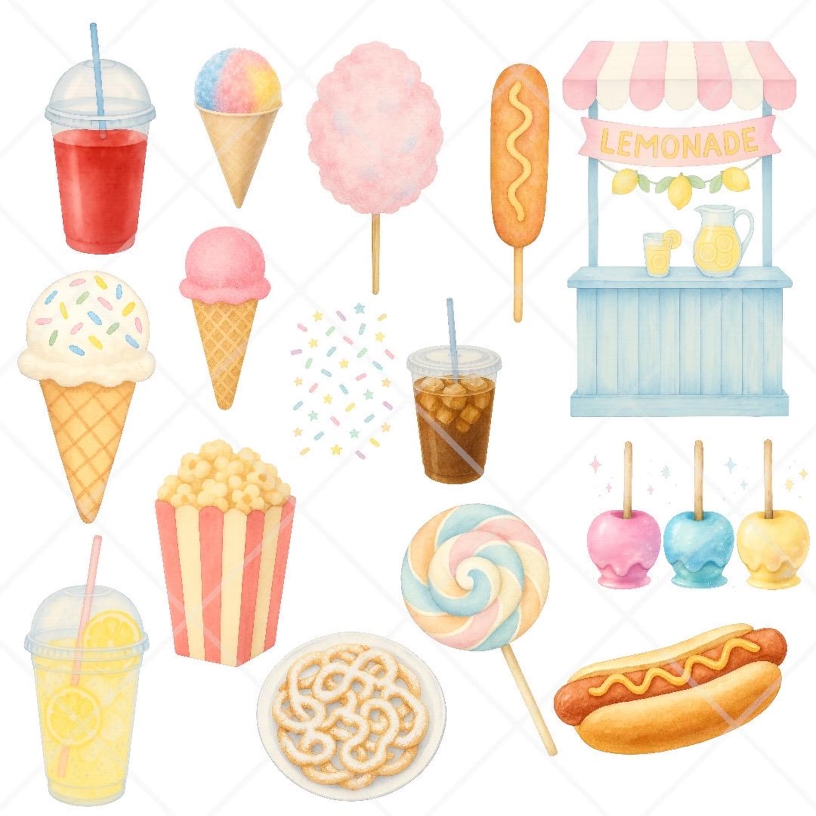 Pastel Carnival Clipart Bundle: Watercolor Rides, Food & Decor (40 Pngs ...