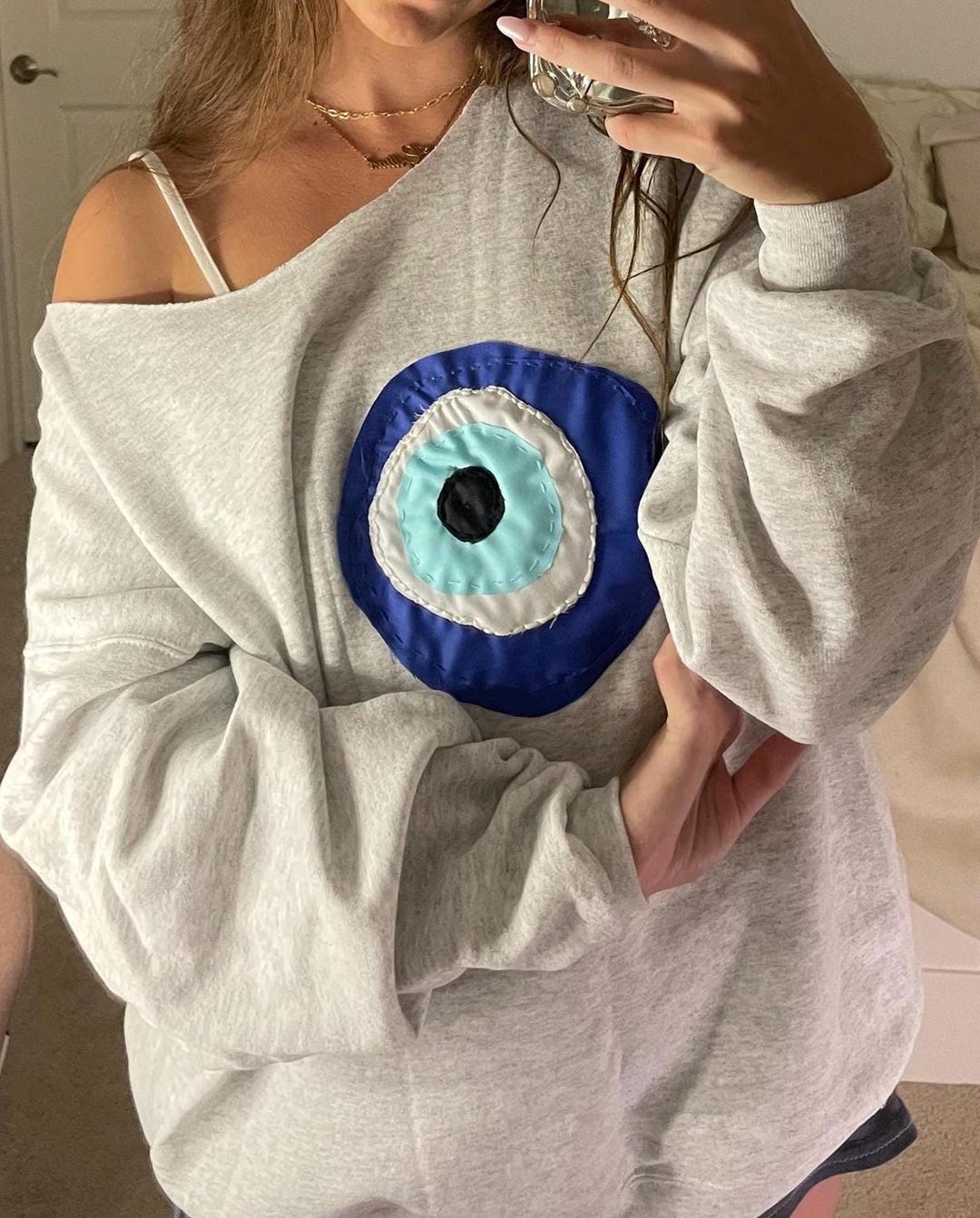 Patchwork off the Shoulder Hoodie Evil Eye - Etsy