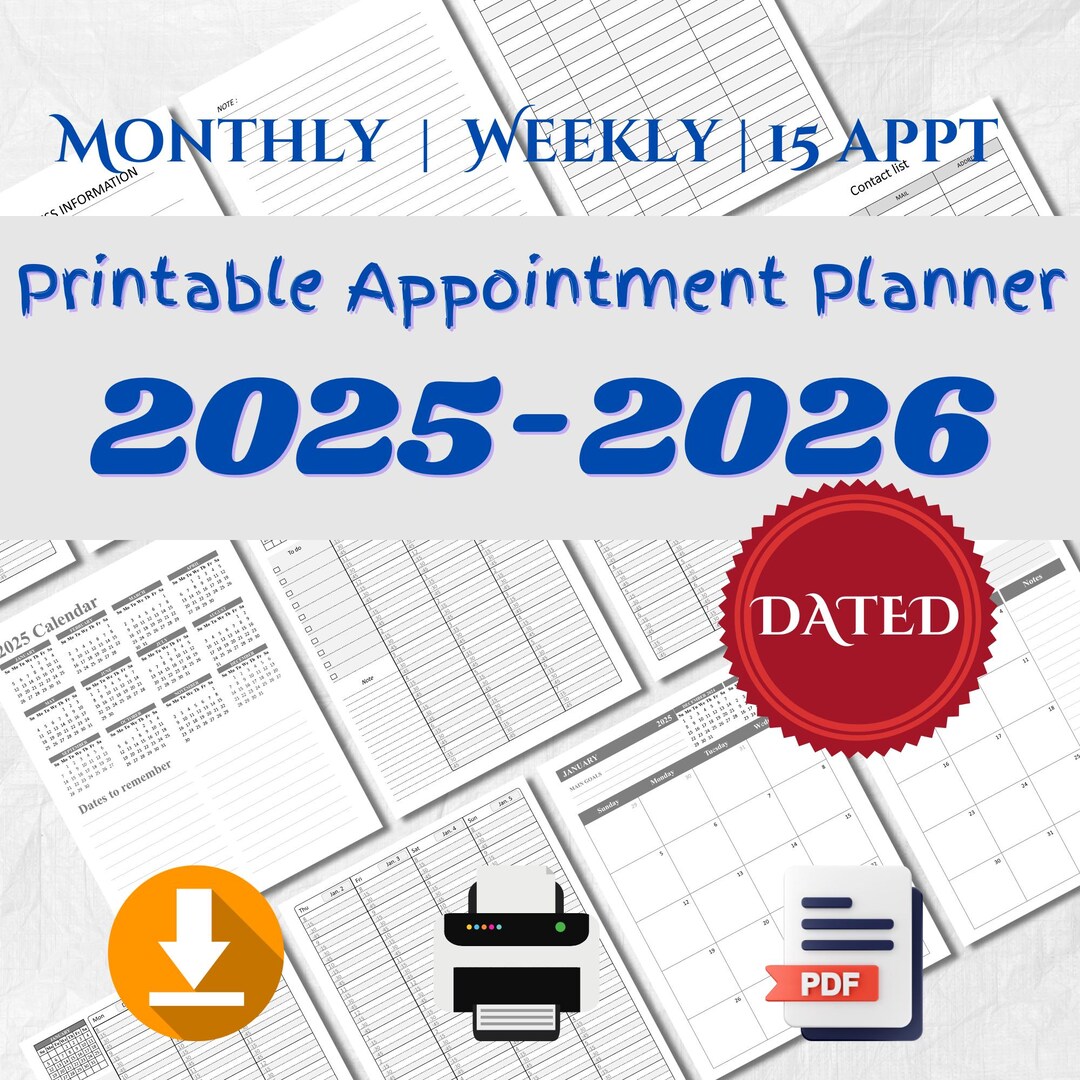 2025-2026 Printable Appointment Book | Digital Download Monthly and ...