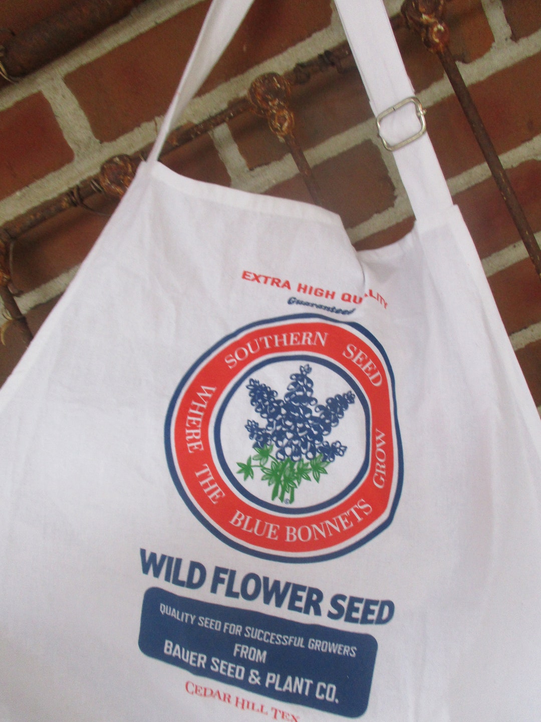 White Apron, Feed Sack Apron, Kitchen Apron, Bluebonnet Apron, Cooking ...