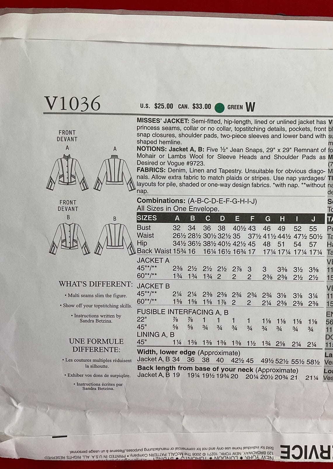 Vogue V1036 Misses Jacket Sewing Pattern, OSZ - Etsy
