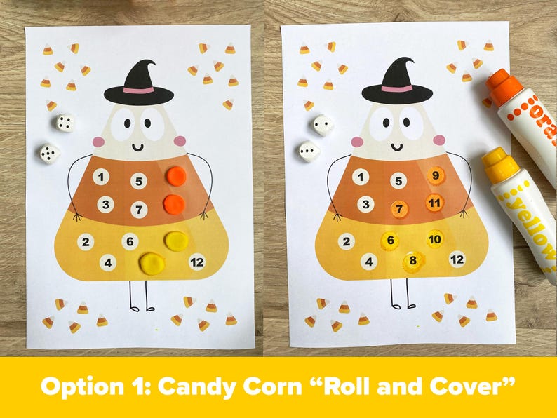 Candy Corn Math Game: Halloween Roll and Cover Activity (PDF Printable ...