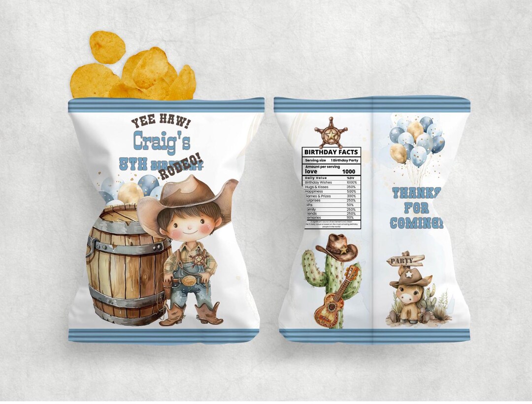 Cowboy Birthday Chip Bag, Editable Country Western Party Loot Bag, Wild ...