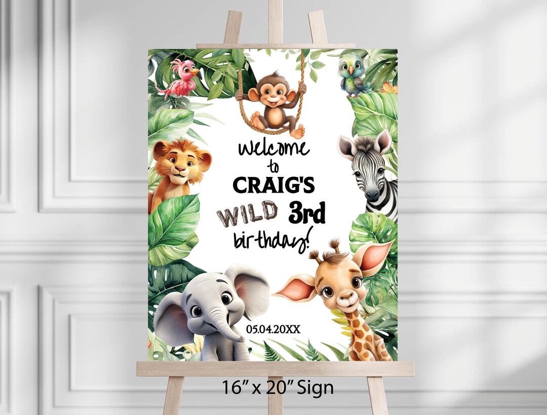 Jungle Animal Birthday Welcome Sign, Editable Safari Printable 16x20 ...