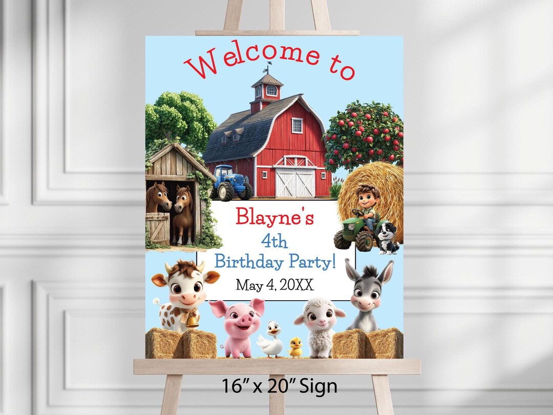 Boy Birthday Farm Animals Welcome Sign, Editable Printable Barnyard ...