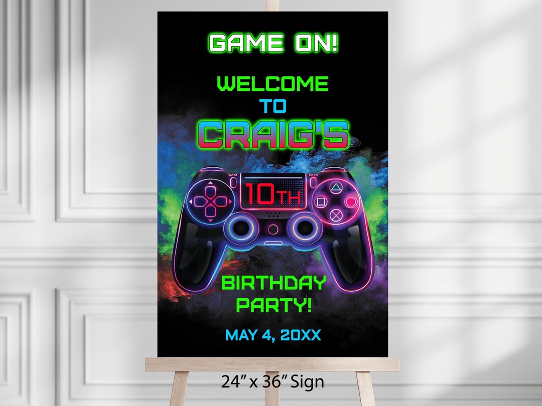 Video Game Birthday Welcome Sign, Editable Printable Neon Glow Gamer ...